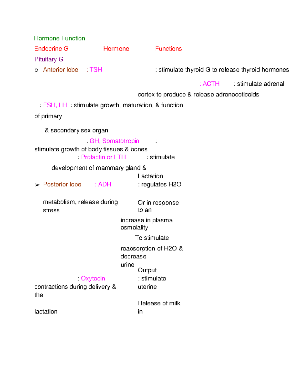Hormone Function - summary - Hormone Function Endocrine G Hormone ...