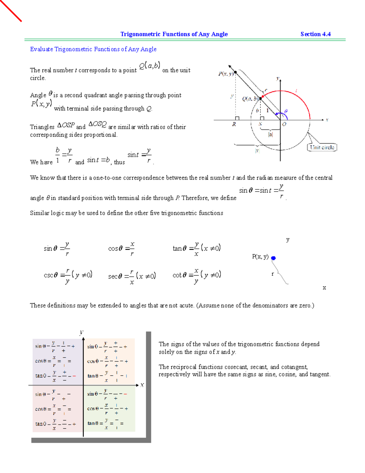 PC LEC 4.4 Trigonometric Functions of Any Angle - r P(x, y) x y ...