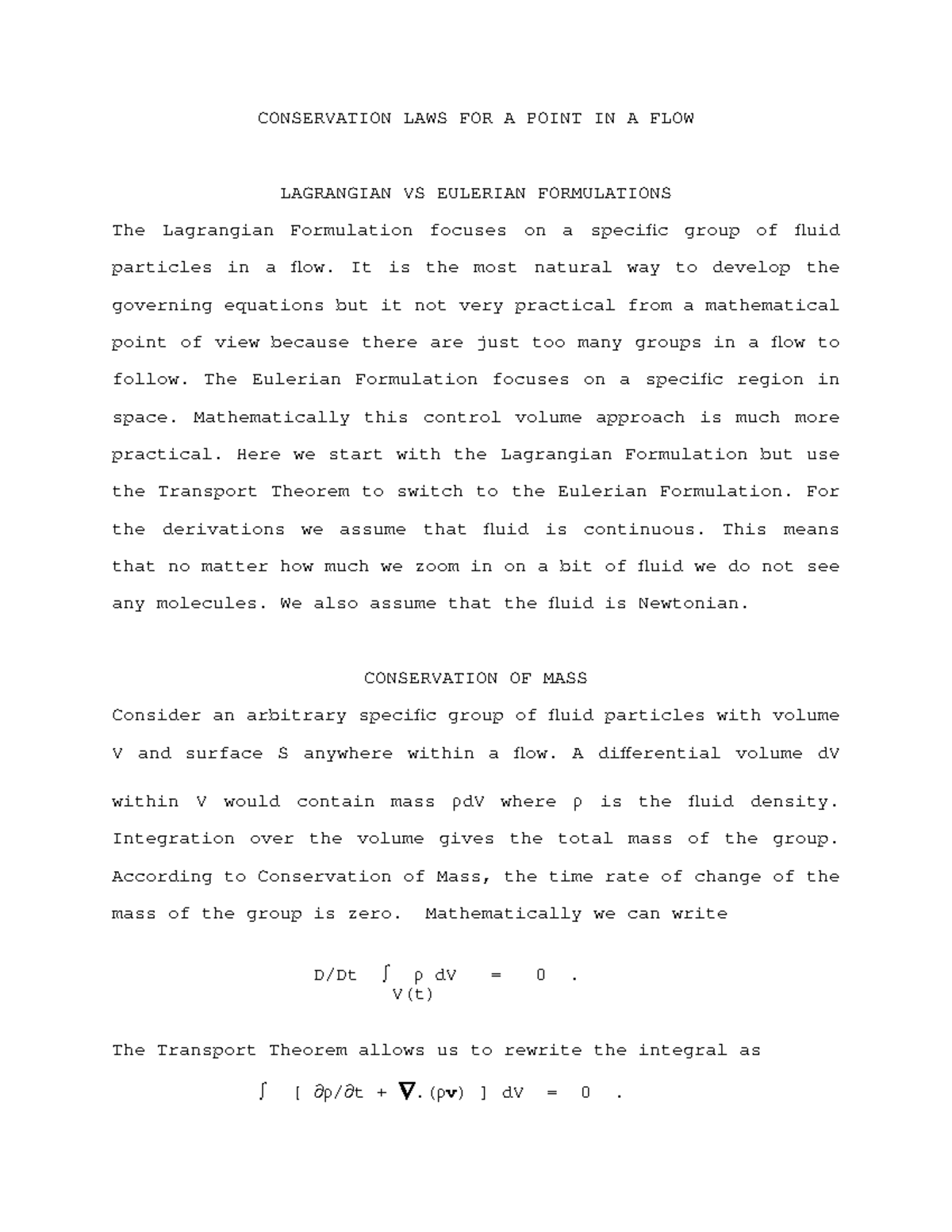 Point - lec - CONSERVATION LAWS FOR A POINT IN A FLOW LAGRANGIAN VS EULERIAN FORMULATIONS The ...