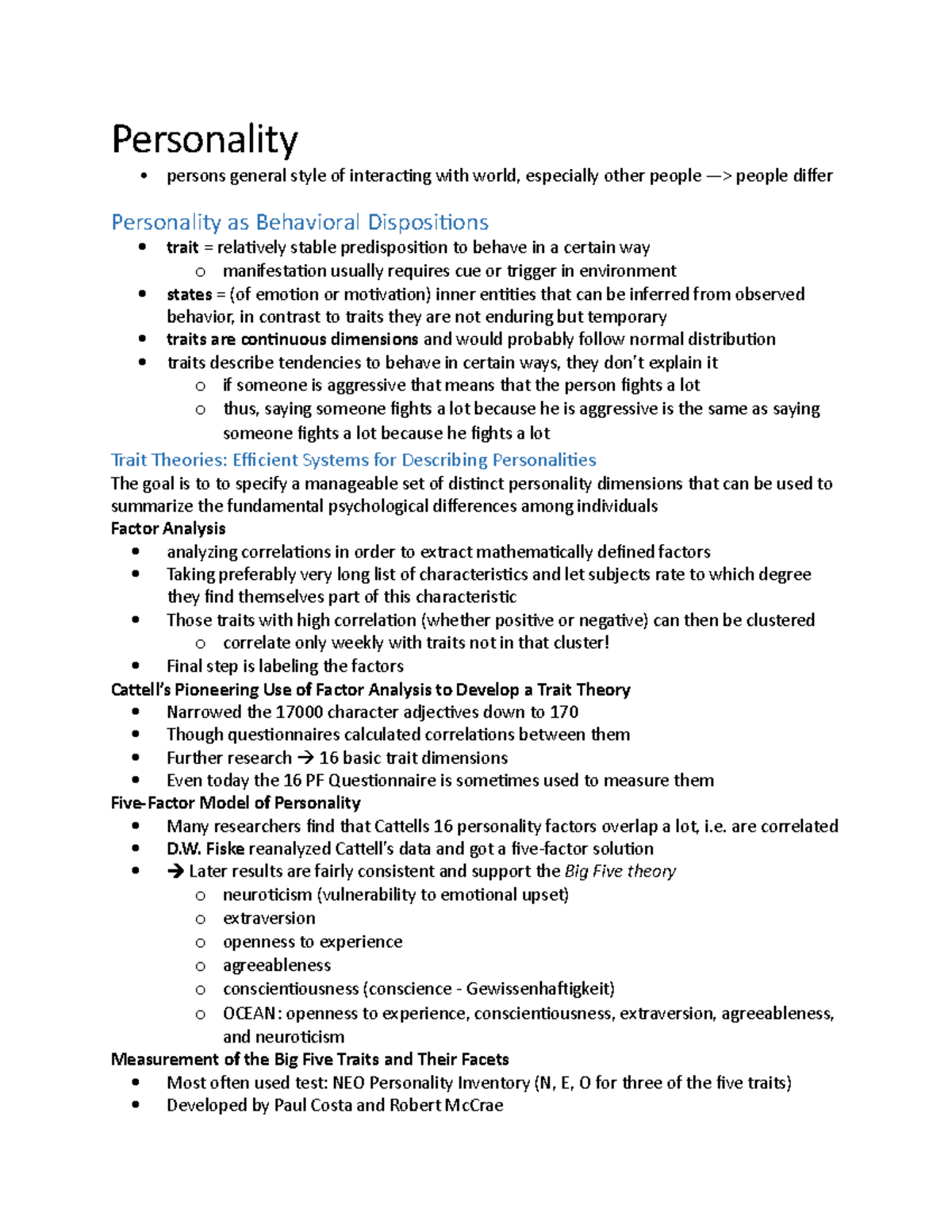 Task 10 - Personality - Summary Introduction to Psychology ...
