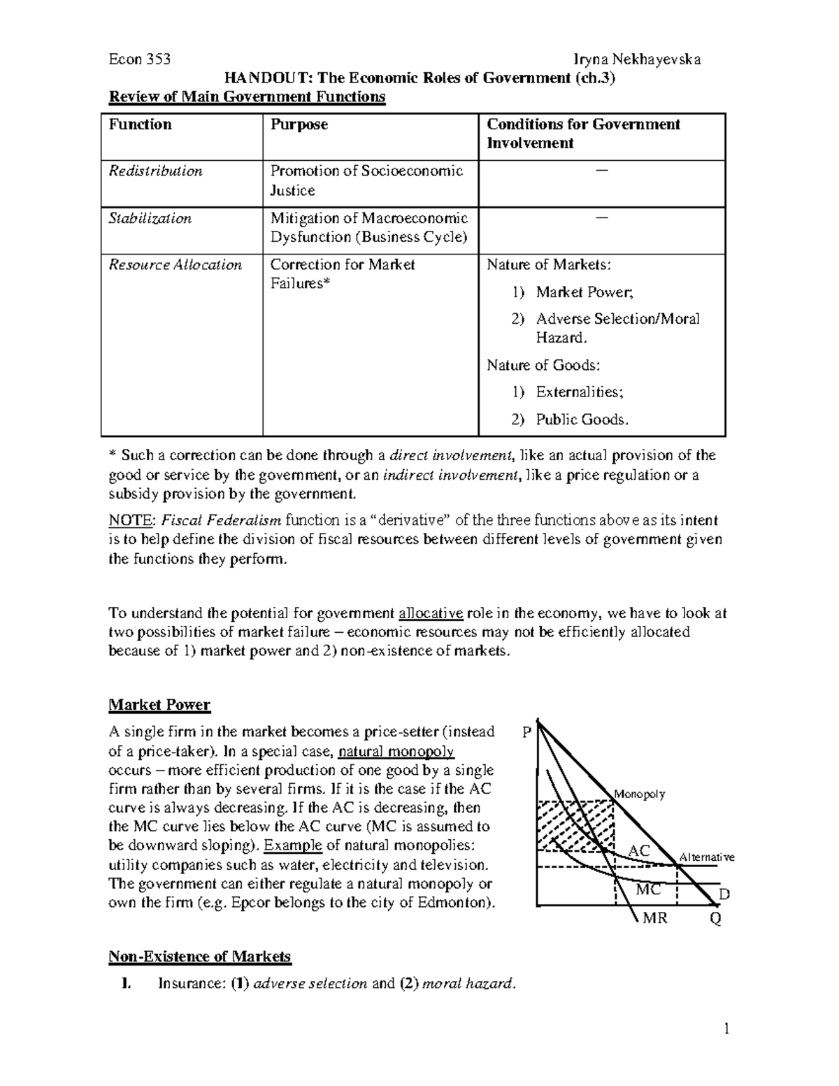Handout(CH3) - Lecture chapter notes - HANDOUT: The Economic Roles of ...