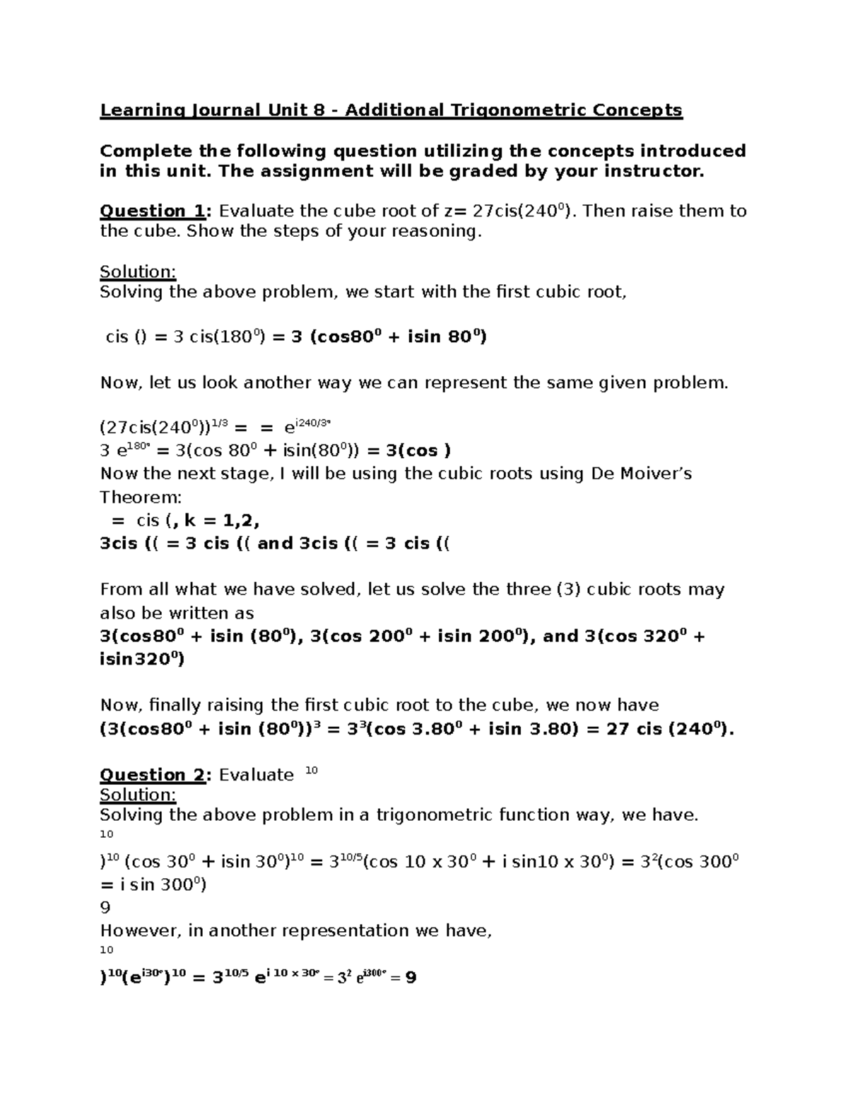 MATH 1201 Unit 8 Learning Journal - Learning Journal Unit 8 - Additional Trigonometric Concepts ...