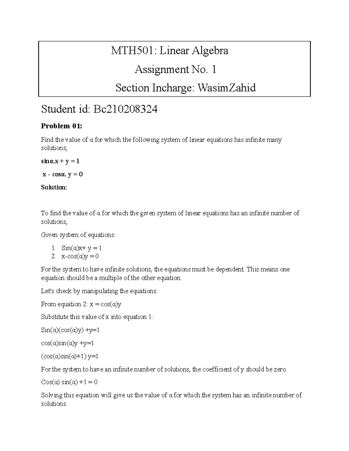 Mth501 assignment - need all vu subjects quiz files - MTH501: Linear Algebra Assignment No. 1 ...