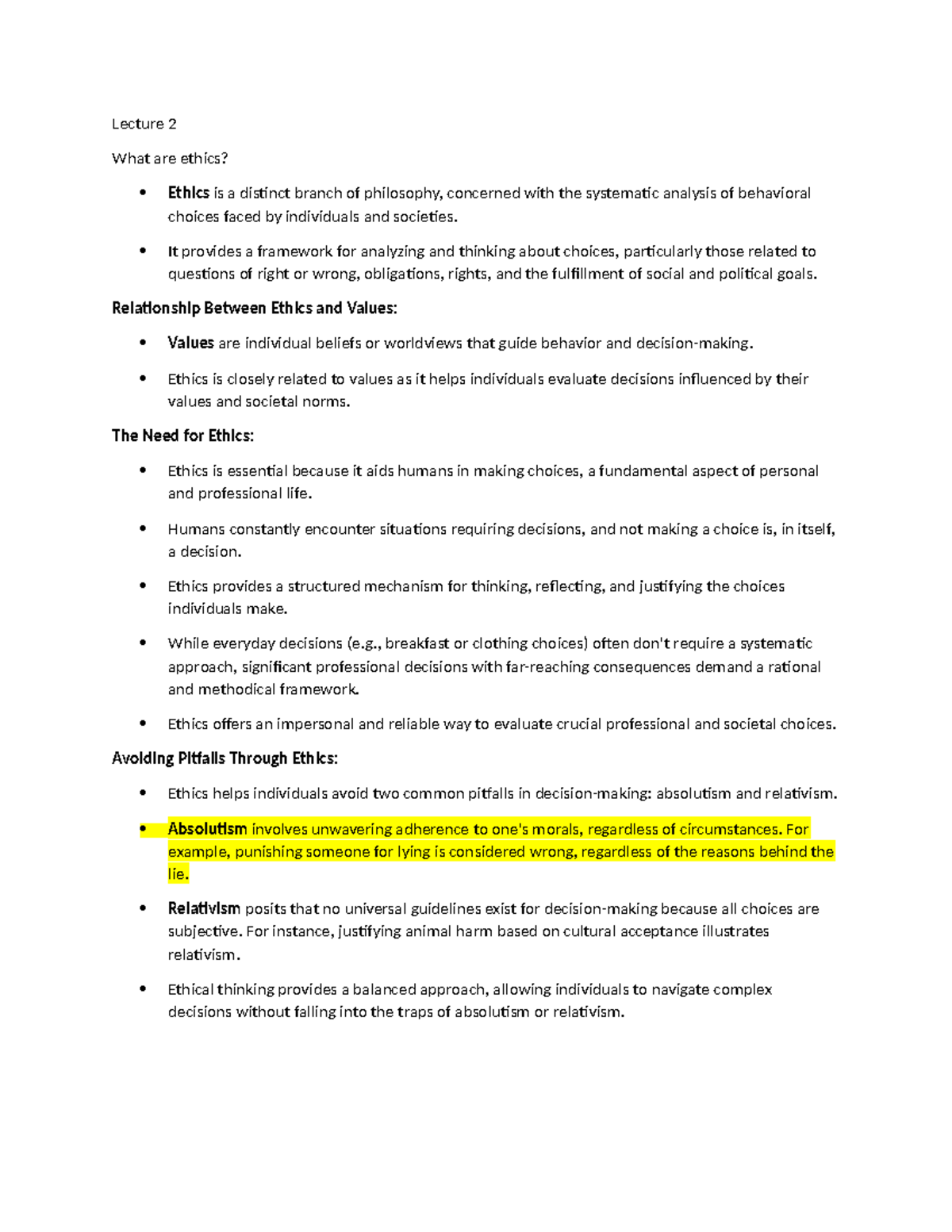 ENGR 201 L3 - Summary Professional Practice and Responsibility - Lecture 2 What are ethics ...