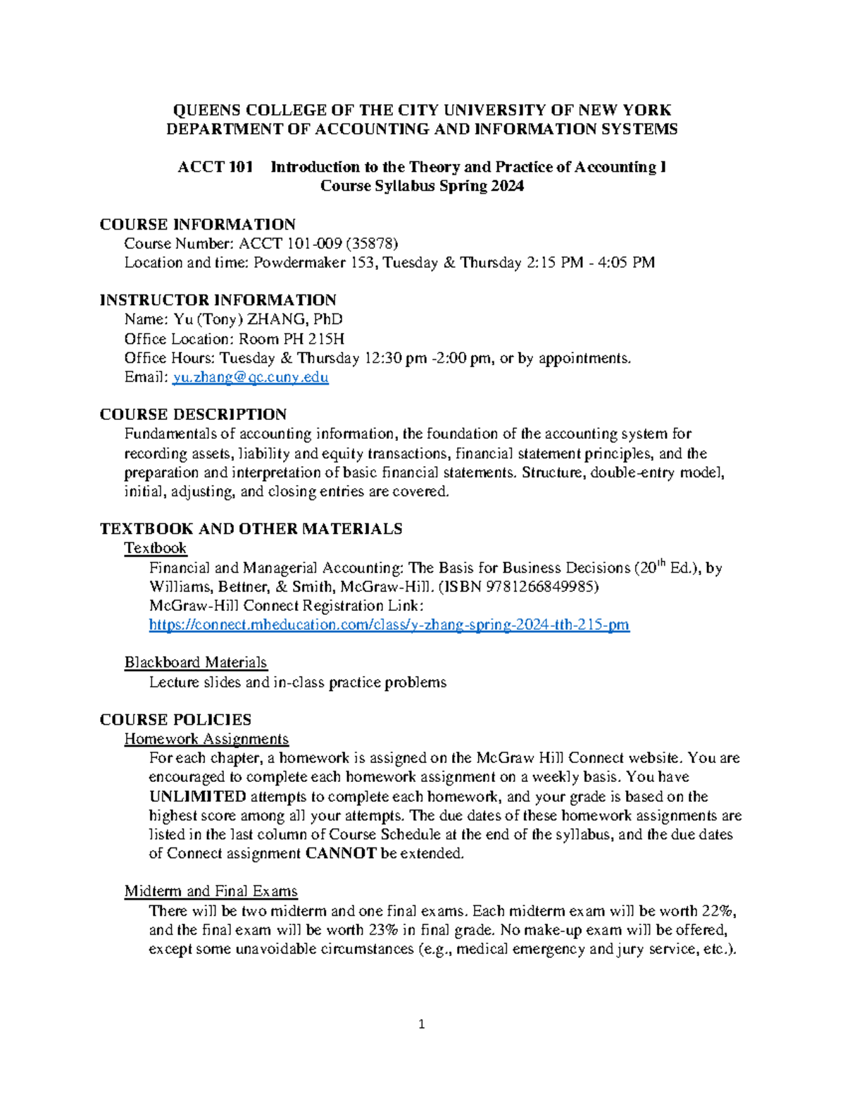 ACCT 101 Syllabus Spring 2024 Tony Zhang - QUEENS COLLEGE OF THE CITY ...