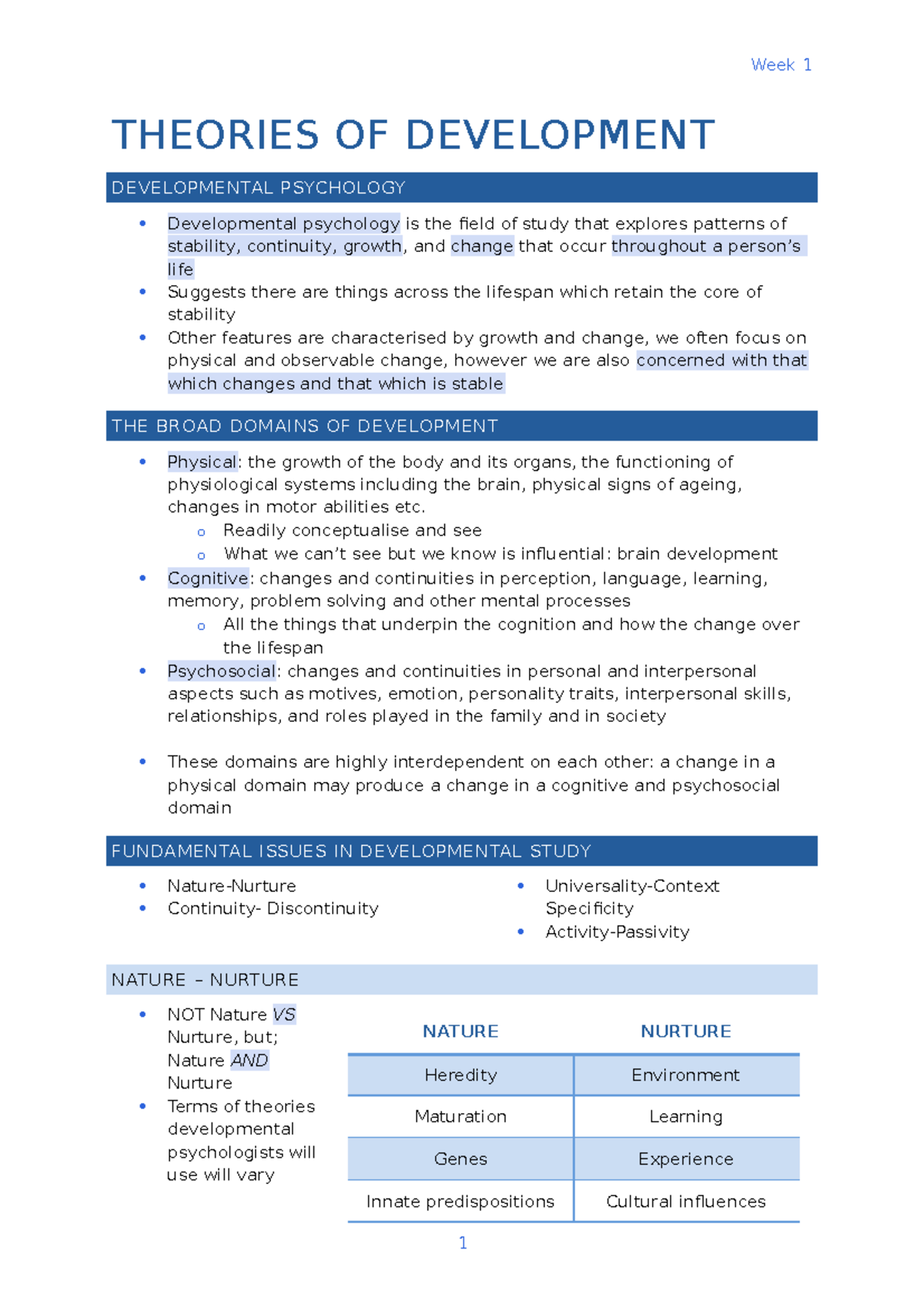 PYB203 Lecture 1 - THEORIES OF DEVELOPMENT DEVELOPMENTAL PSYCHOLOGY Developmental psychology is ...
