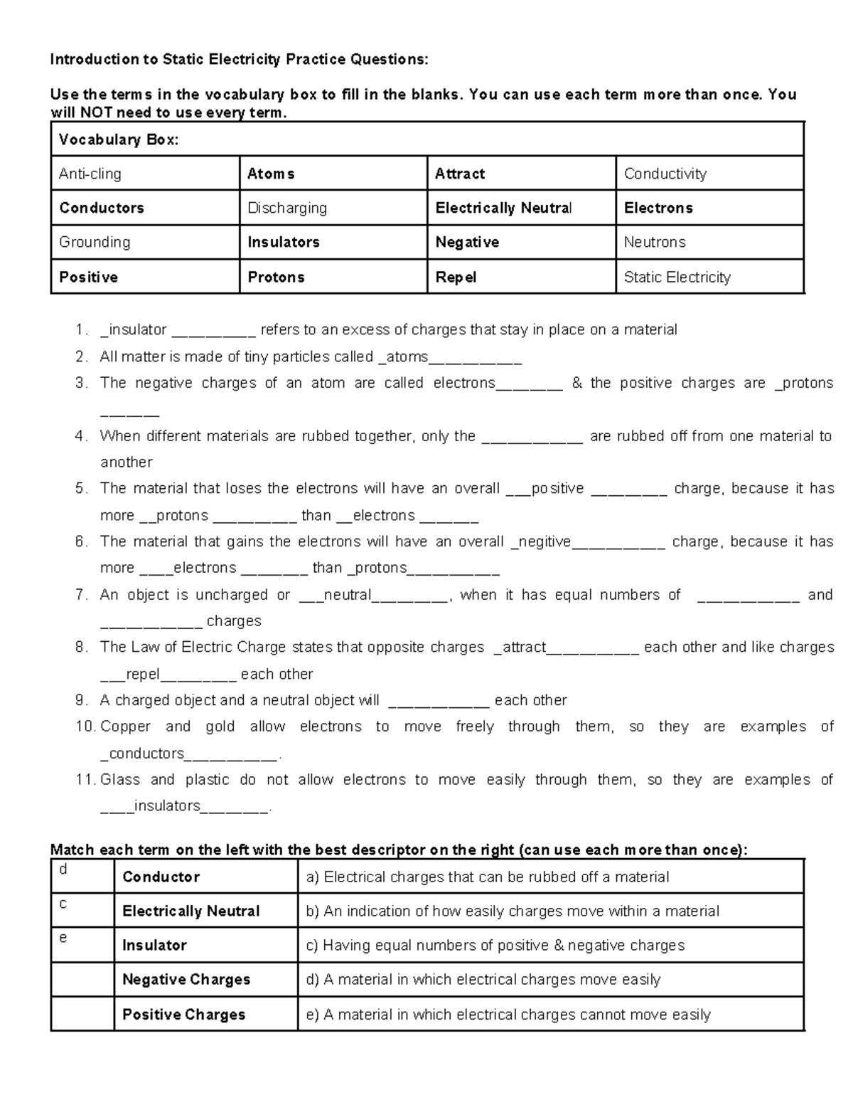 Copy of Intro to Static Electricity and Charges Worksheet ...