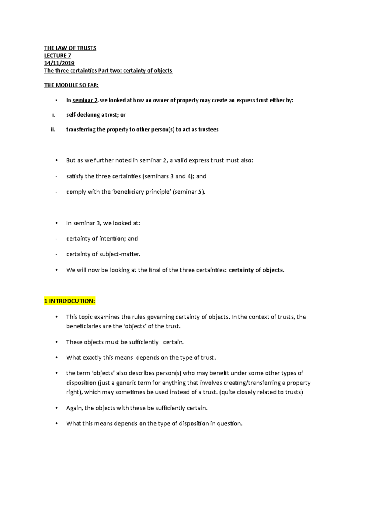 Lecture 7 - The three certainties Part two: certainty of objects - THE LAW OF TRUSTSLECTURE 7 ...