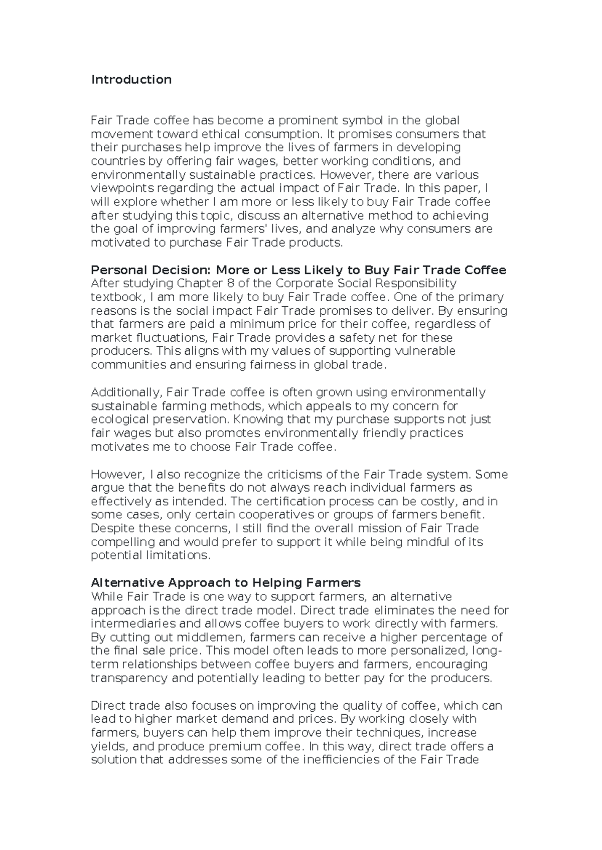 PHIL Written Assignment unit 5 - Introduction Fair Trade coffee has ...