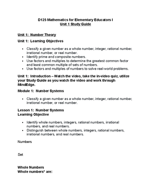 MATH Unit 1 Study Guide - D126 Mathematics for Elementary Educators II ...