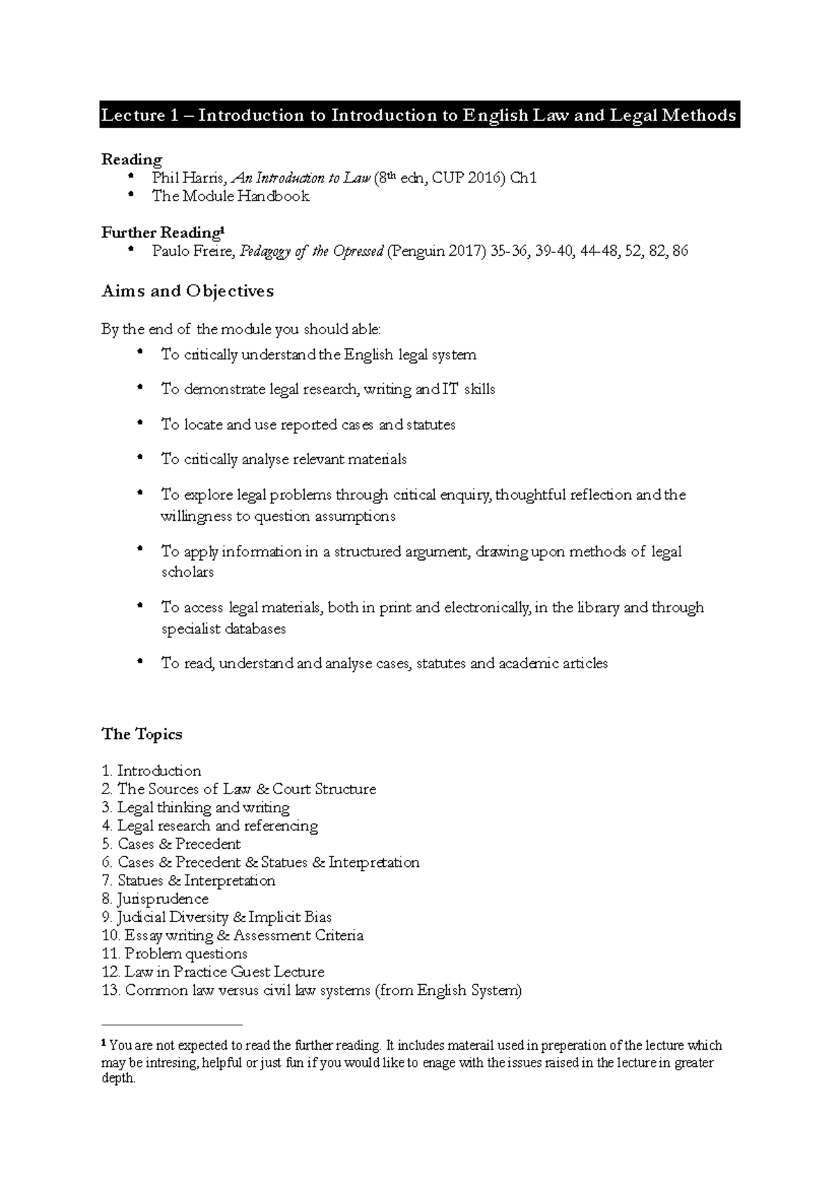 Lecture 1 - Handout eng law and legal methods - Lecture 1 – Introduction to Introduction to ...