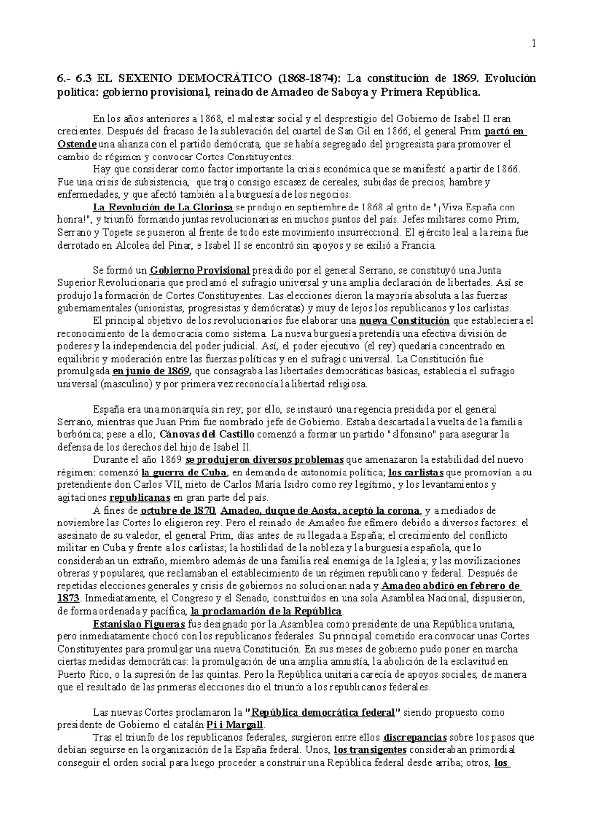 06-6-3 El Sexenio democratico 1868-1874-1 - 1 6.- 6 EL SEXENIO DEMOCRÁTICO (1868-1874): La - Studocu