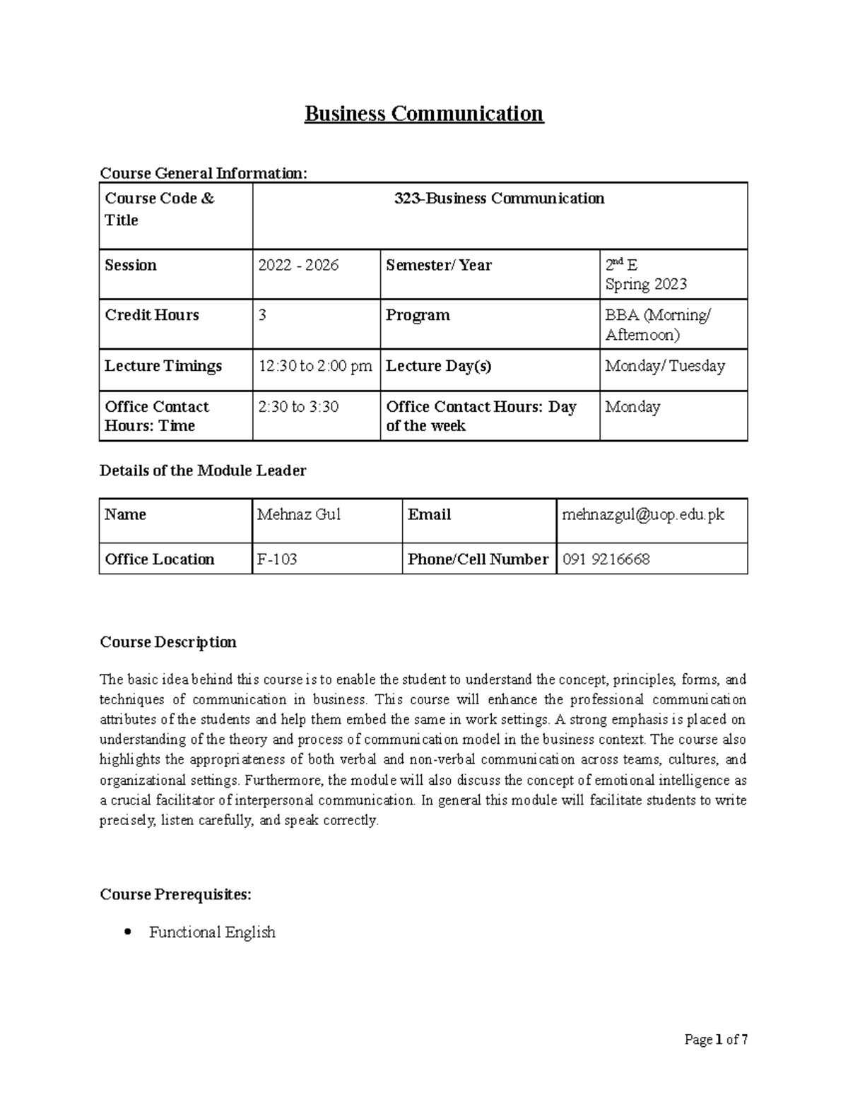 Dr Gul-Business Communication - BBA2nd-Course oulines-doc - Business ...