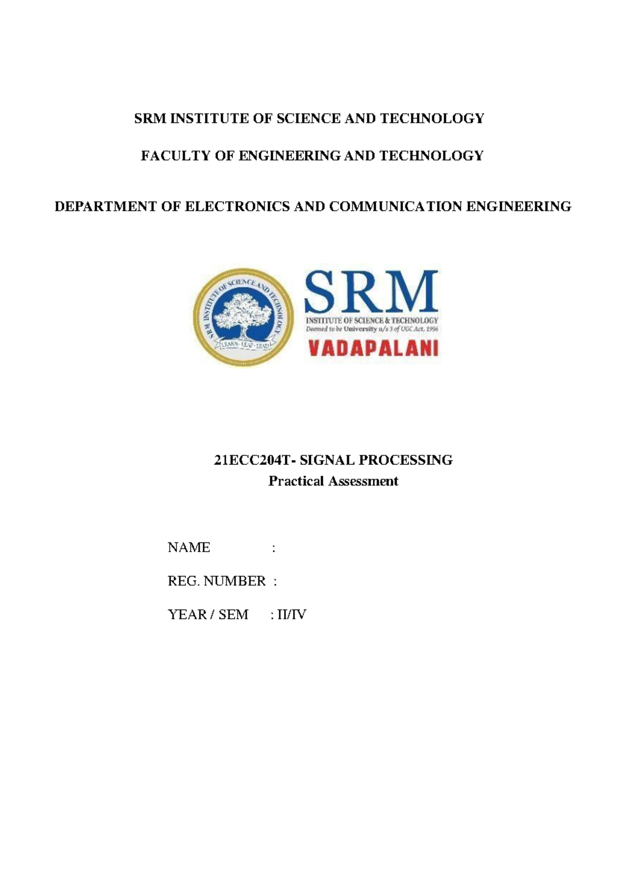 Matlab - SRM INSTITUTE OF SCIENCE AND TECHNOLOGY FACULTY OF ENGINEERING AND TECHNOLOGY ...