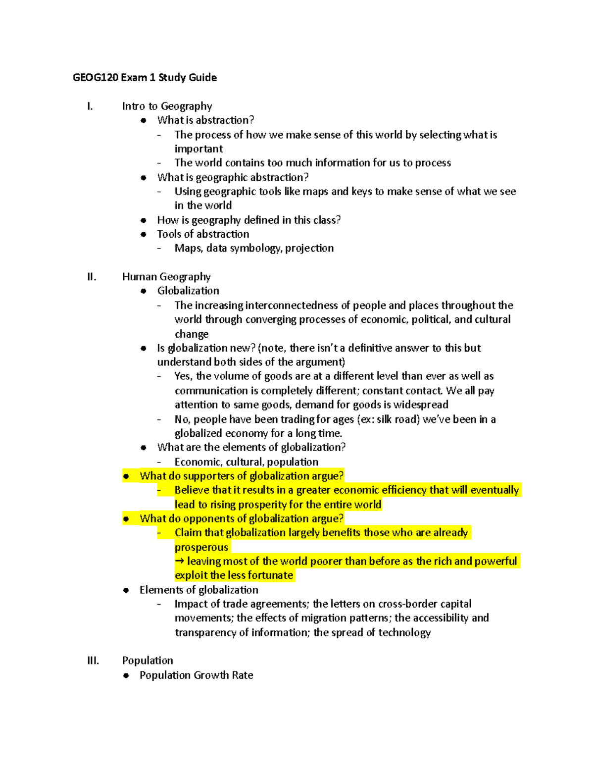 GEOG120 Exam 1 Study Guide - GEOG120 Exam 1 Study Guide I. Intro to ...