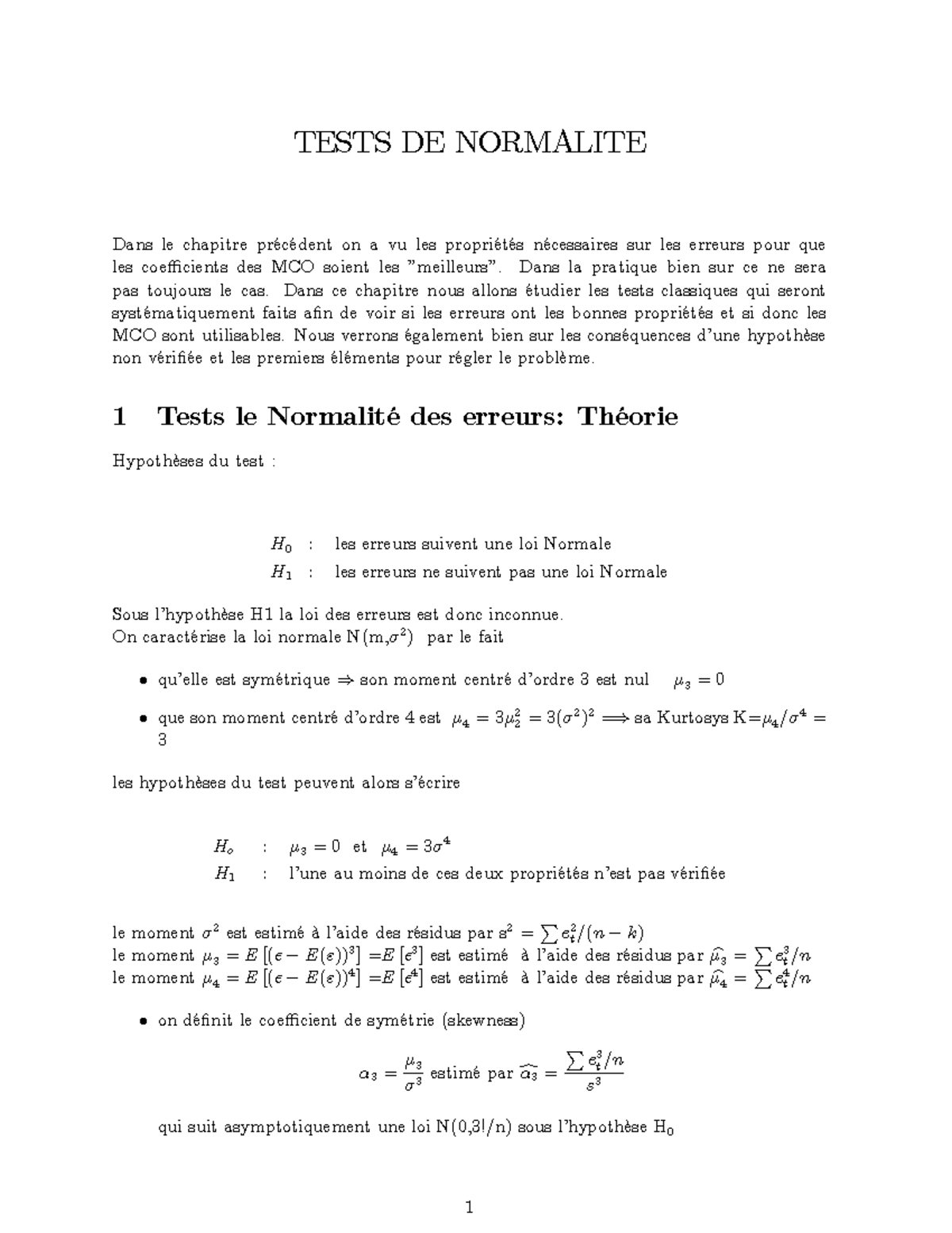 Tests de Normalité - TESTS DE NORMALITE Dans le chapitre on a vu les ...
