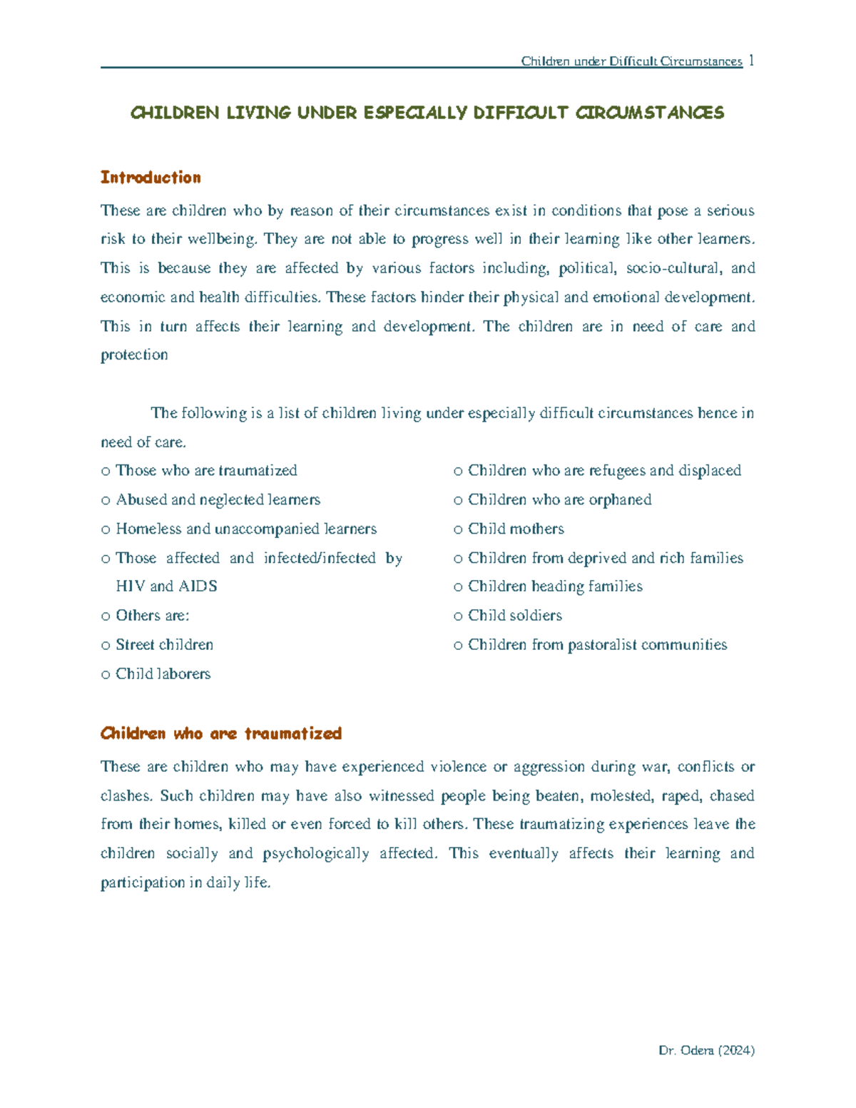 Children Living Under Difficult Circumstances - CHILDREN LIVING UNDER ...