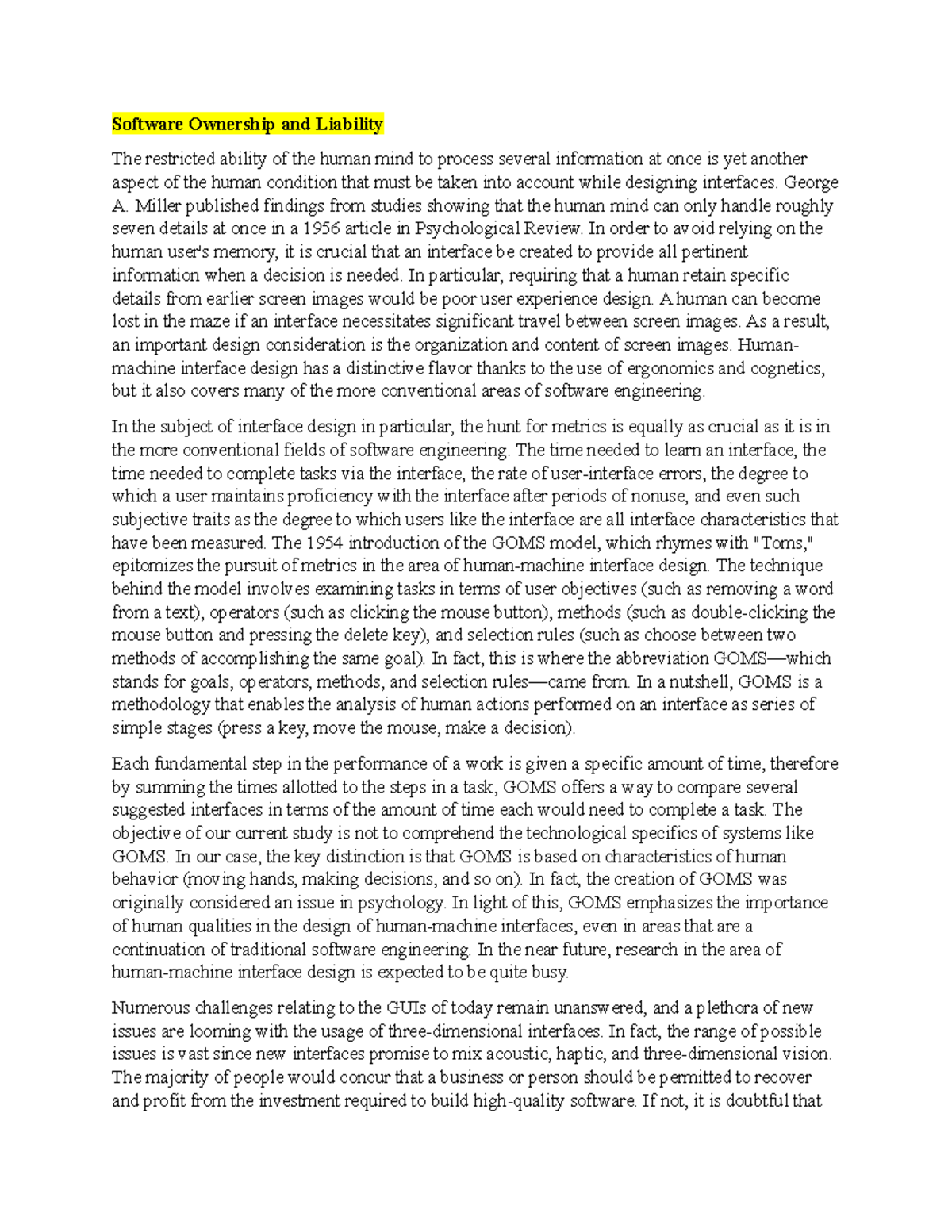 Software Ownership and Liability - George A. Miller published findings ...