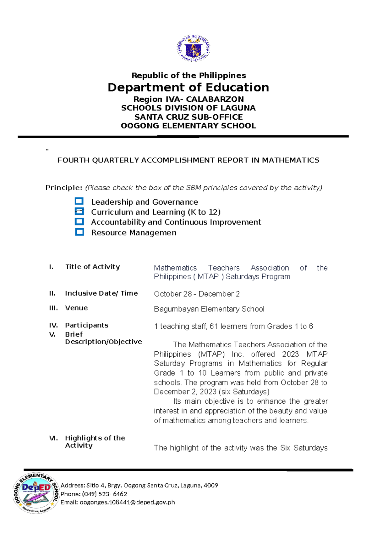 Accomplishment Report Second Quarter 2023 IN DRRM-Mathematics - Address ...