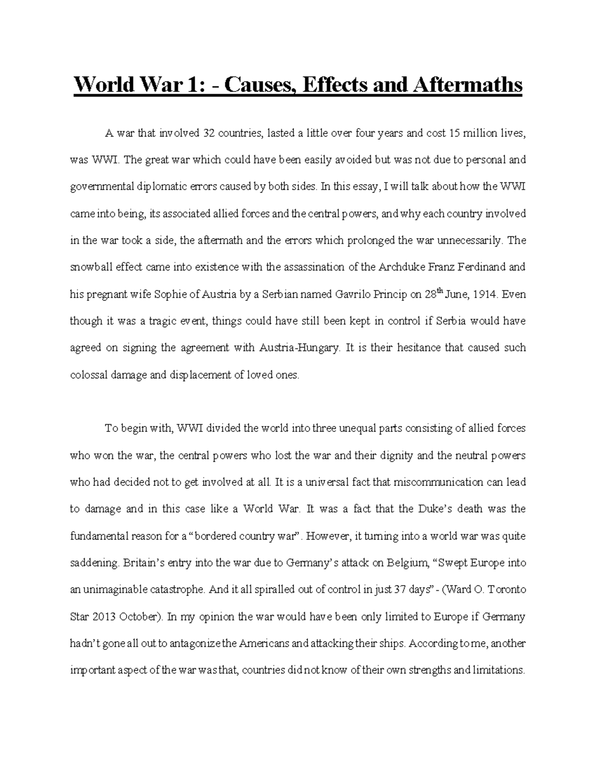 History WW1 Eassy - World War 1: - Causes, Effects and Aftermaths A war ...