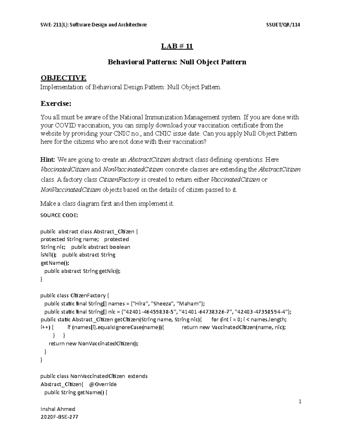Lab#11 Solved Basit - lab - LAB # 11 Behavioral Patterns: Null Object ...