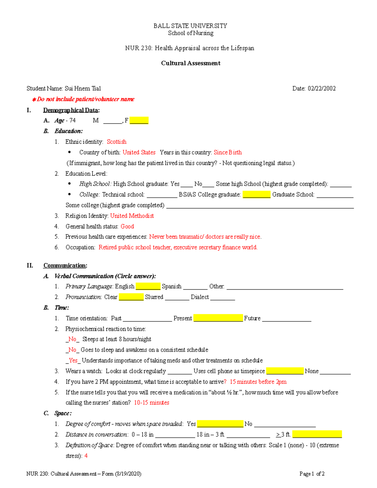 Cultural Assessment Form - BALL STATE UNIVERSITY School of Nursing NUR ...