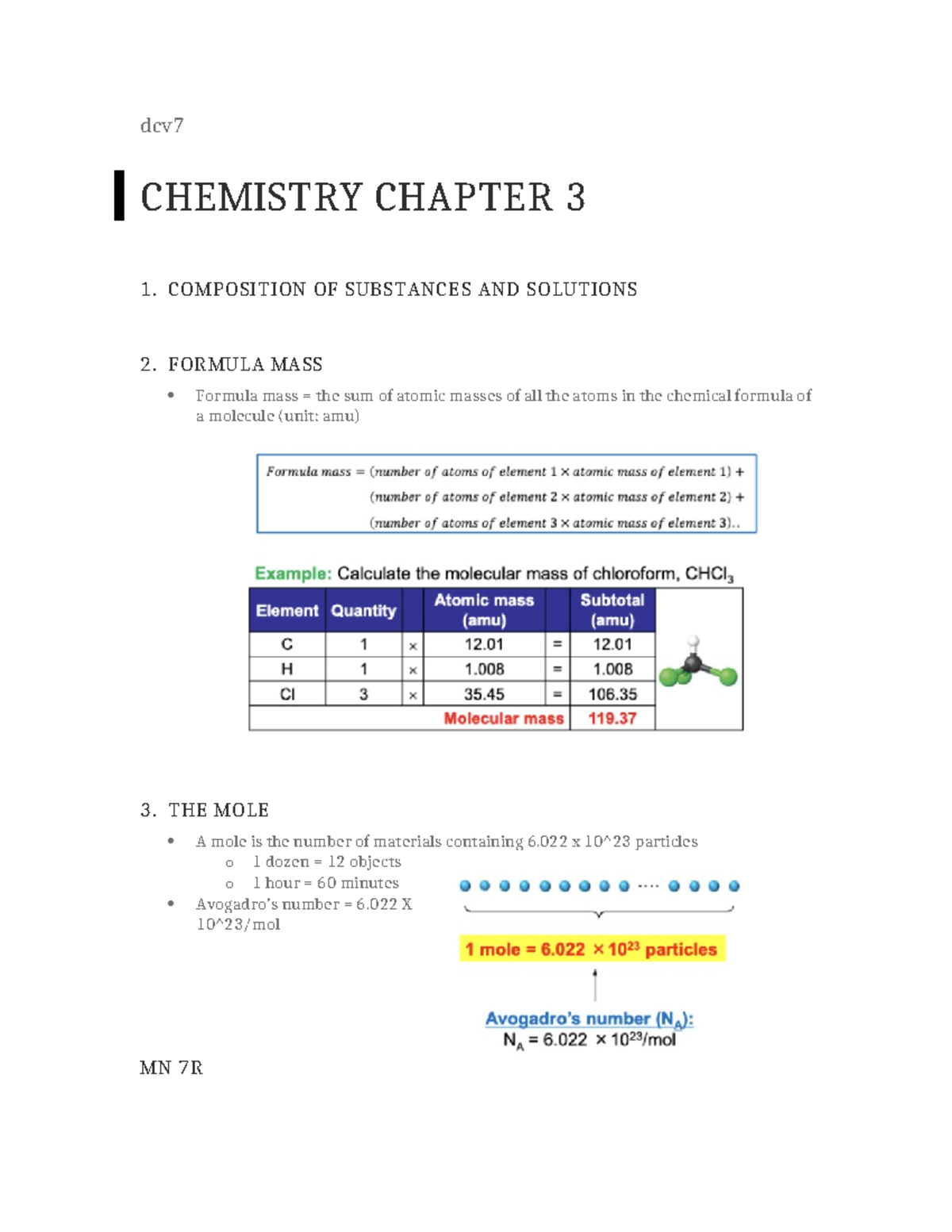 Chemistry Chapter 3 - notes - dcv CHEMISTRY CHAPTER 3 1. COMPOSITION OF ...