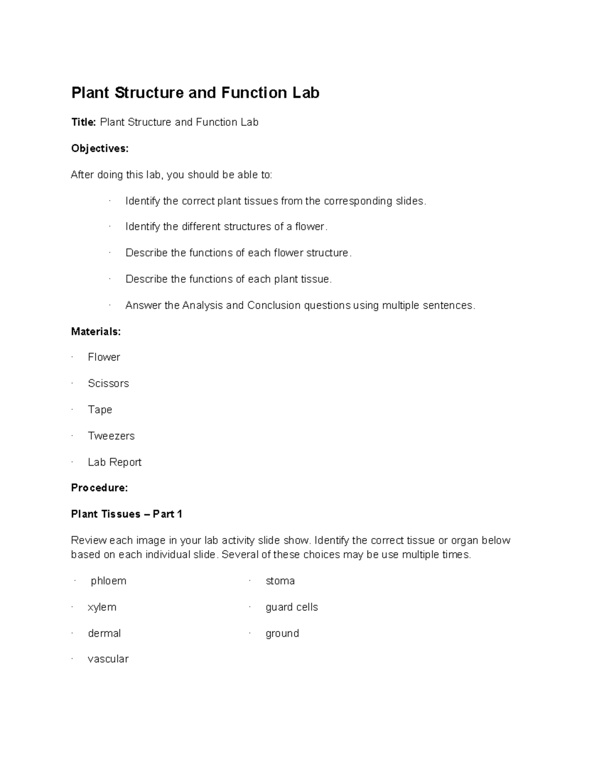 Copy Of Plant Structure And Function Lab Plant Structure And Function