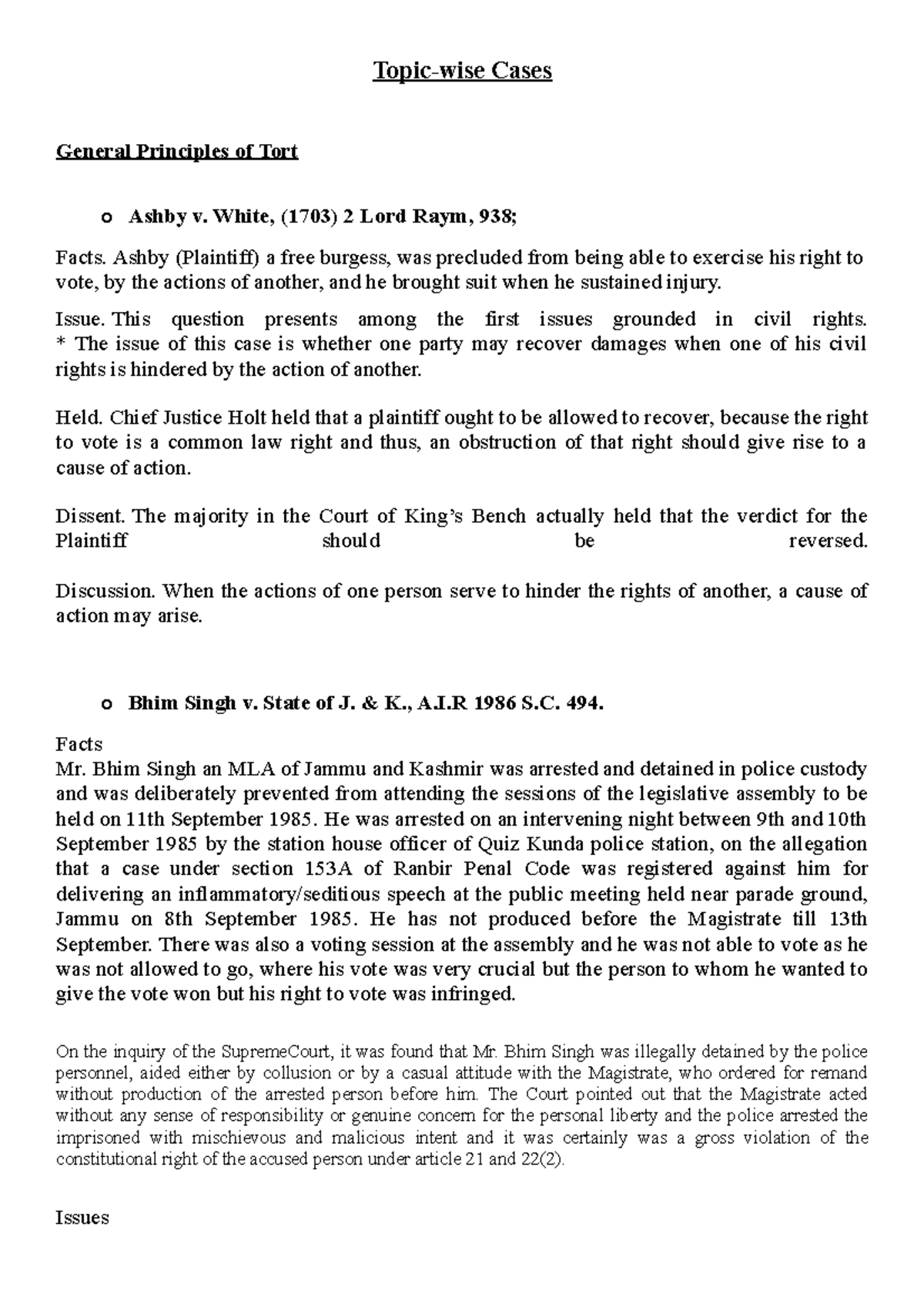 Cases - Topic-wise Cases General Principles of Tort o Ashby v. White ...