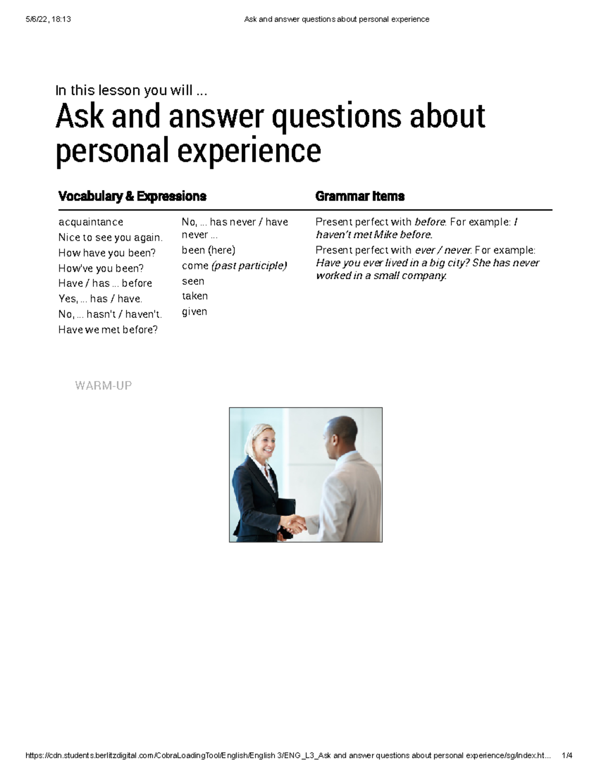 Unit 1 Ask and answer questions about personal experience - In this ...