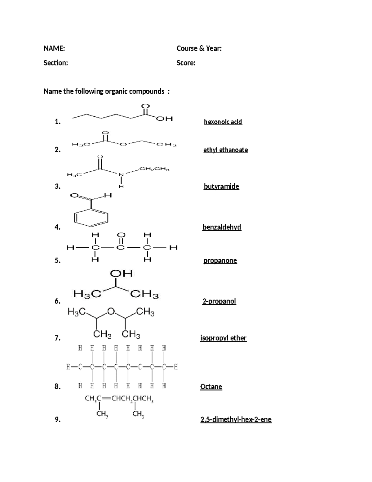 Review on Naming Organic Compound - Chemistry - NAME: Course & Year ...