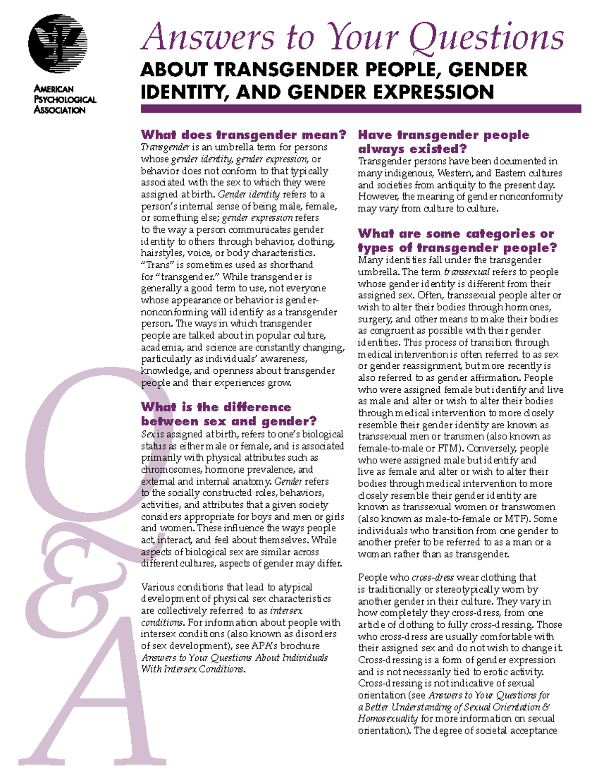 Transgender - Use - Q Answers to Your Questions ABOUT TRANSGENDER ...