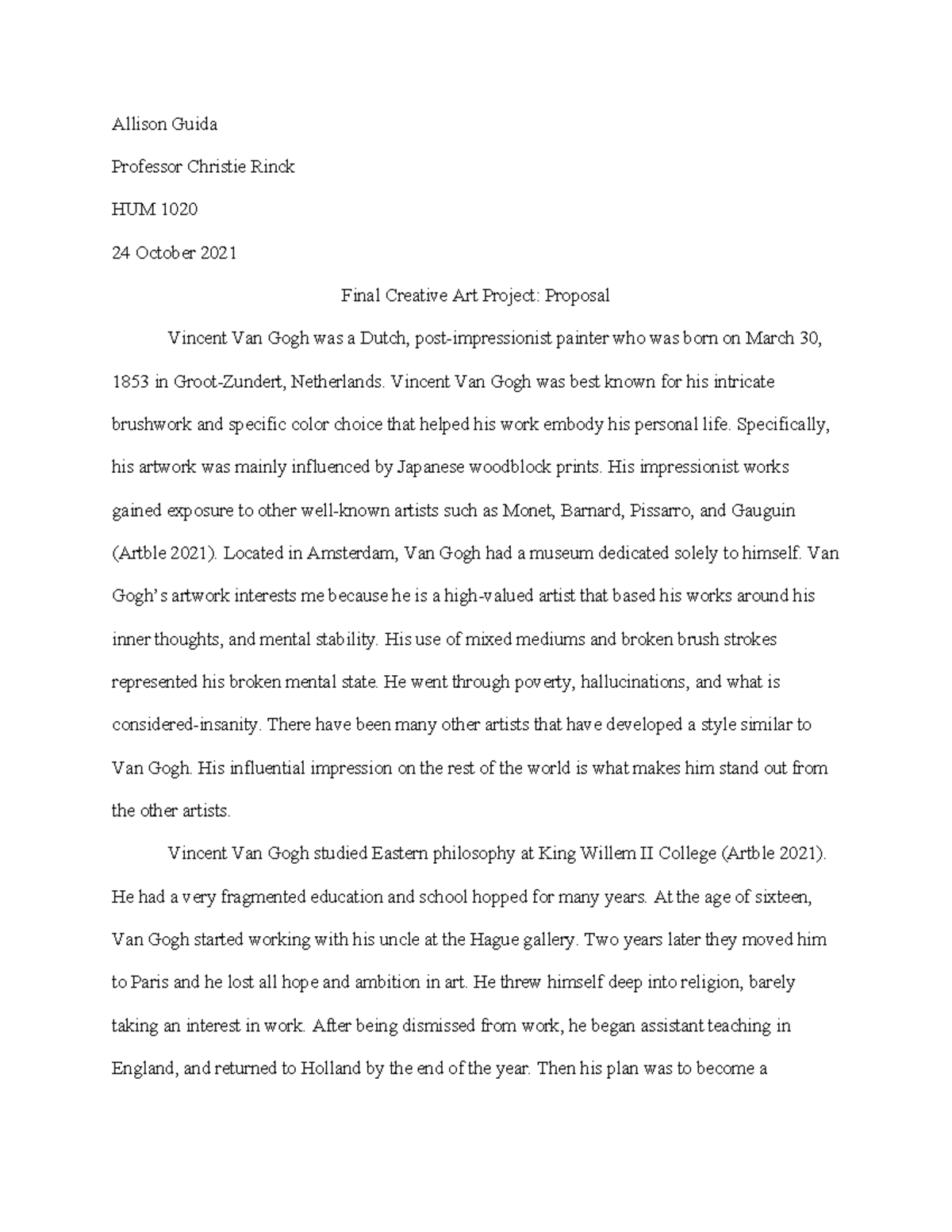 Humanities-Final Creative Art Project Proposal - Allison Guida ...