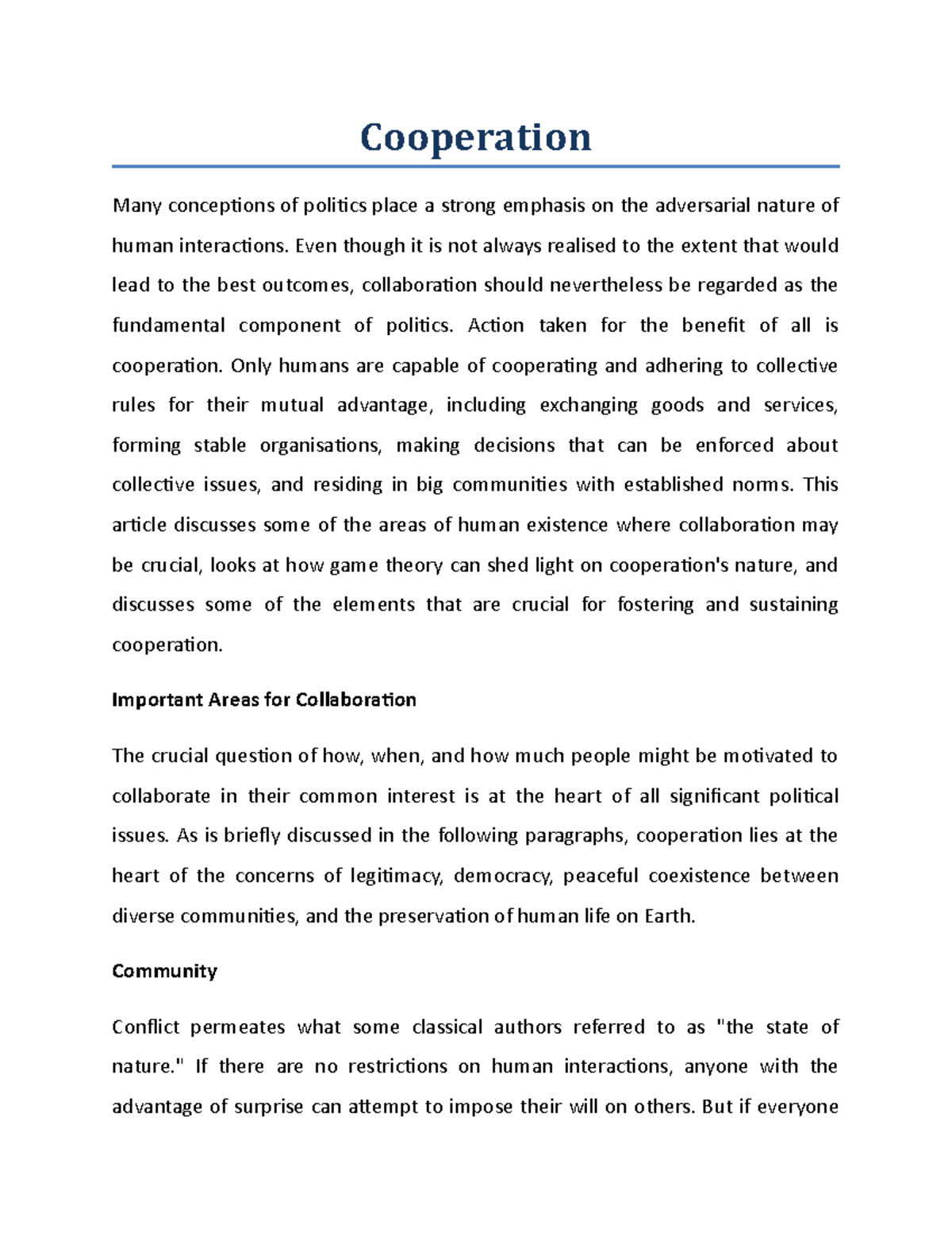 Cooperation - Many conceptions of politics place a strong emphasis on ...