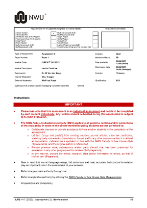 IURE 417 - NWU - Health Care Law - Studocu