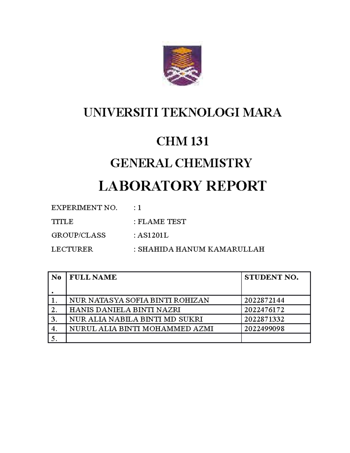 Lab report exp 1 - hehehehe - UNIVERSITI TEKNOLOGI MARA CHM 131 GENERAL ...
