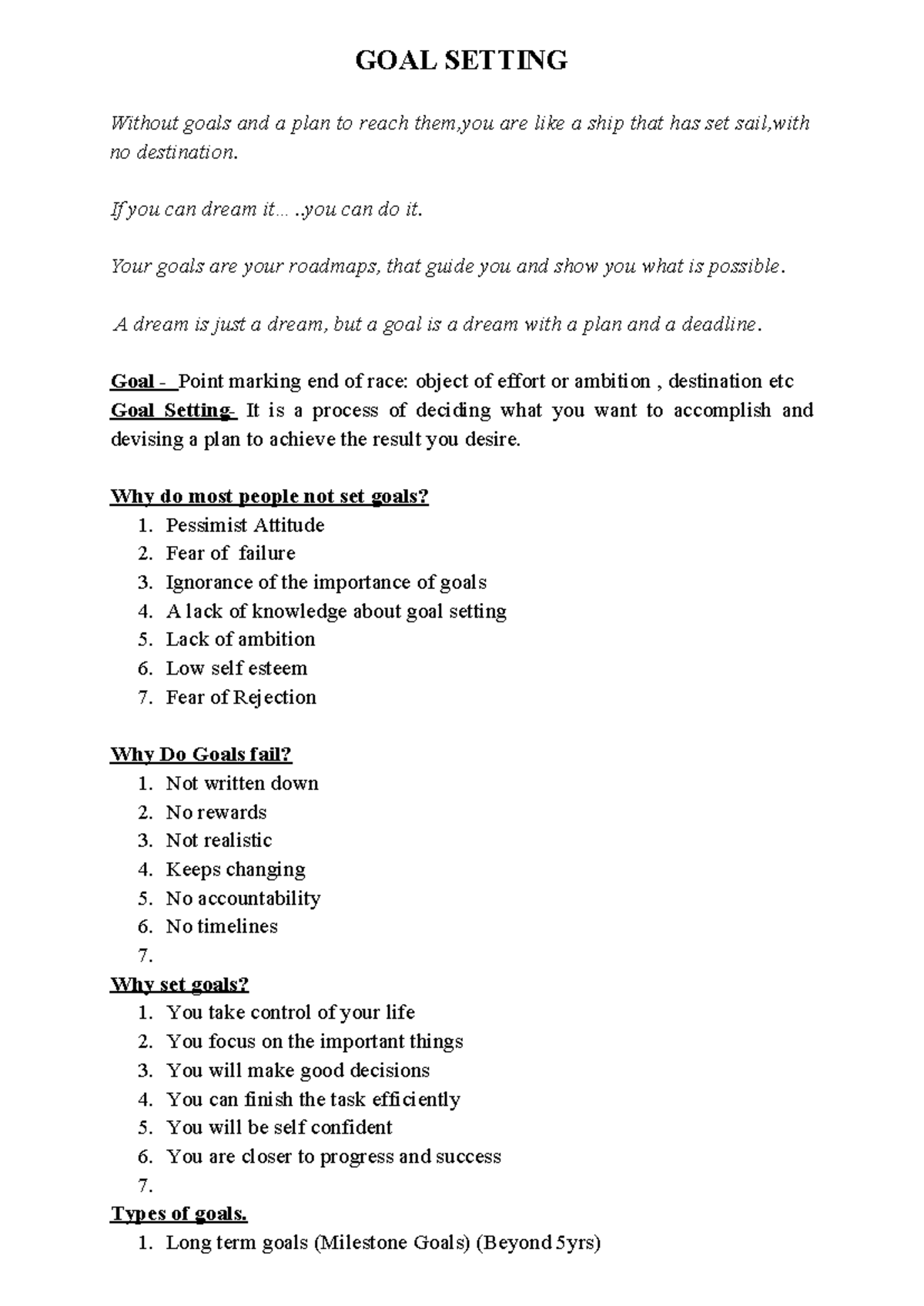 Goal Setting - notes - GOAL SETTING Without goals and a plan to reach ...