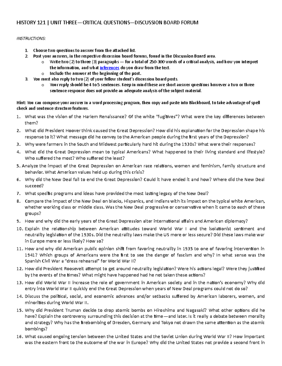 Unit 3 Discussion Questions - HISTORY 121 | UNIT THREE—CRITICAL ...