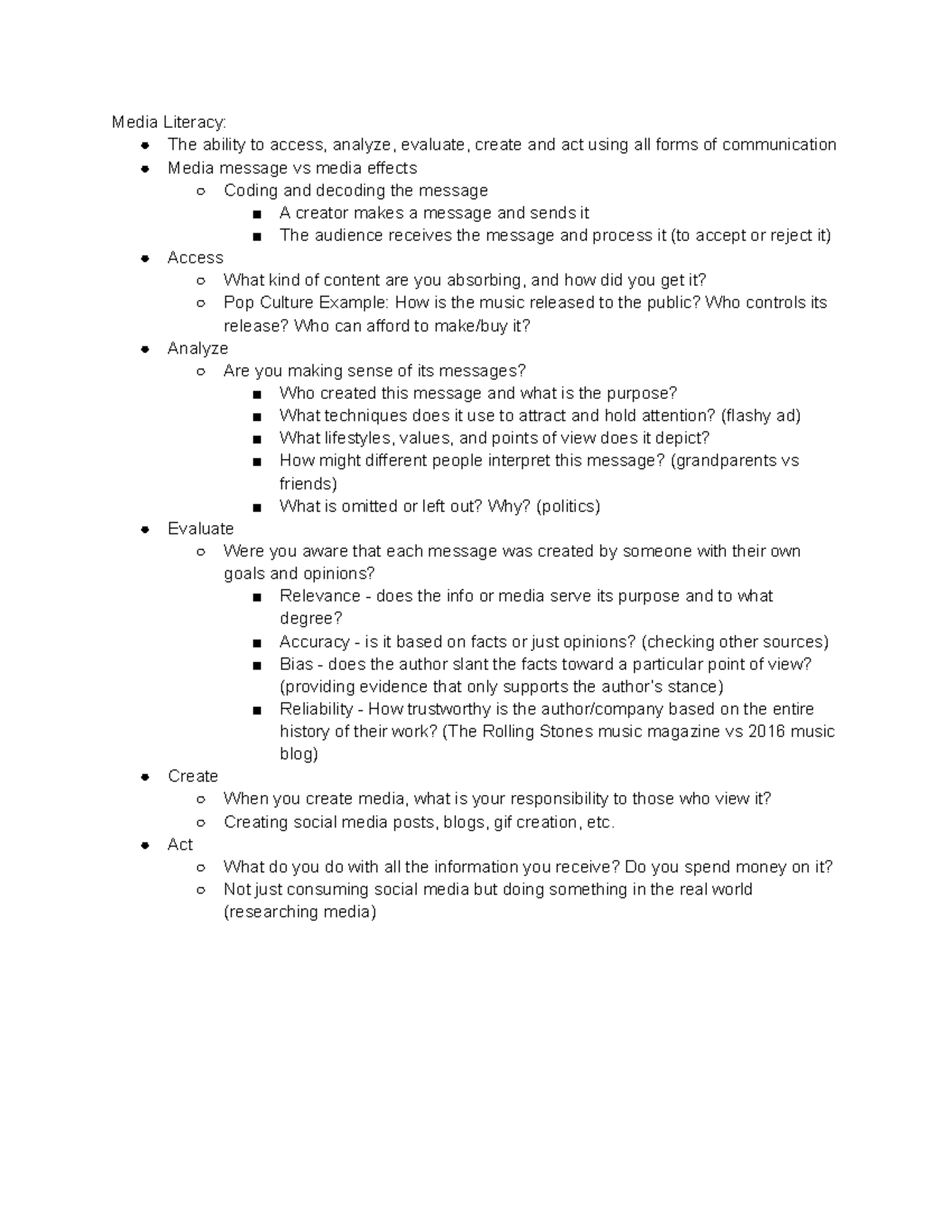 Media Literacy Notes - Media Literacy: The ability to access, analyze ...