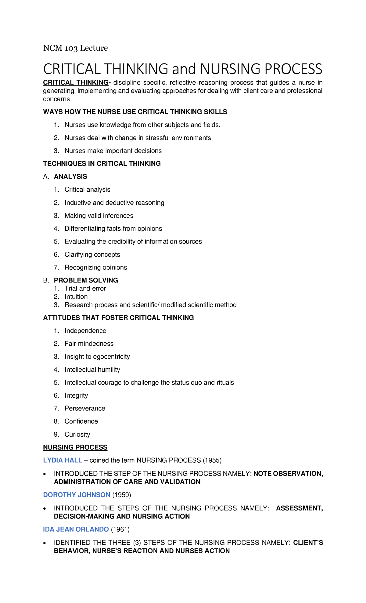 Funda LEC - NCM 103 Lecture CRITICAL THINKING and NURSING PROCESS ...