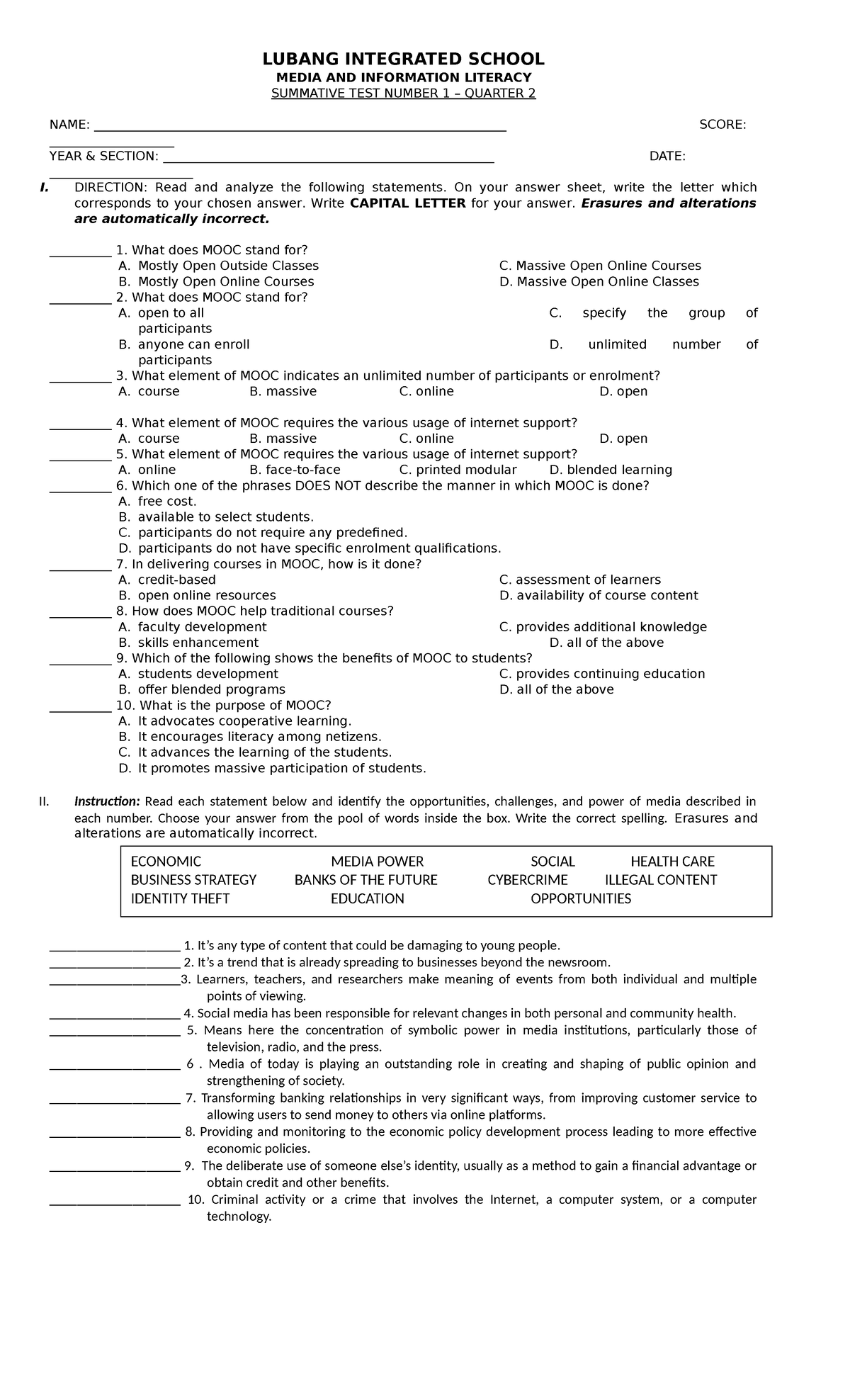 Summative TEST Number 1 Quarter 2 - LUBANG INTEGRATED SCHOOL MEDIA AND ...