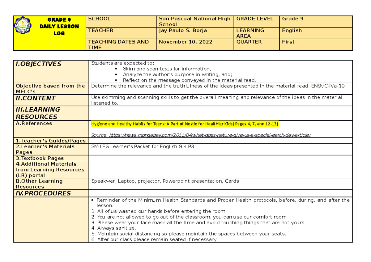 DLL-Audio-Lesson - DLL - GRADE 9 DAILY LESSON LOG SCHOOL San Pascual ...