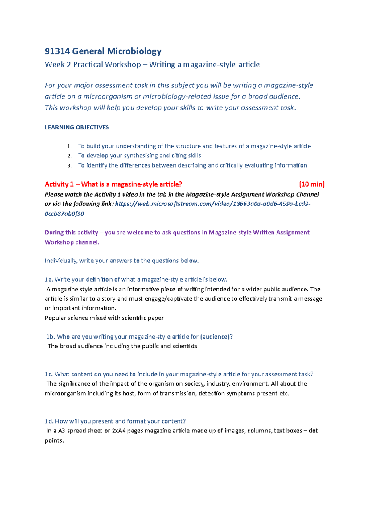 Microbio Week 2 Workshop Sheet - 91314 General Microbiology Week 2 Practical Workshop – Writing ...