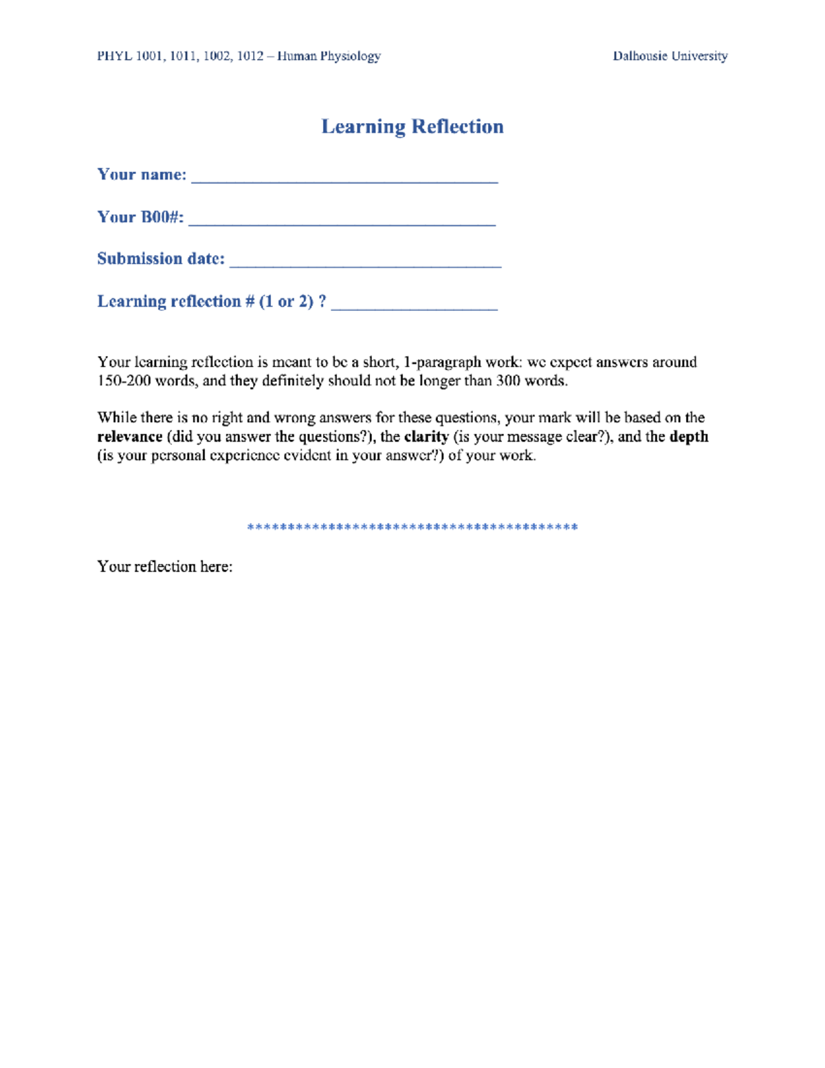 Learning Reflection - template - PHYL1011 - Human Physiology 1 (Sec 01 ...