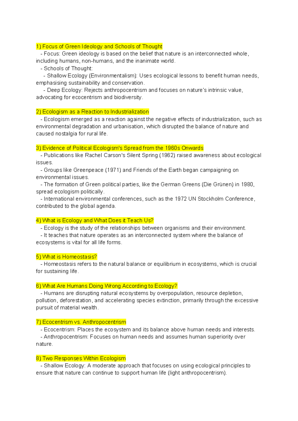 Ecologist 1 - notes - Focus of Green Ideology and Schools of Thought ...