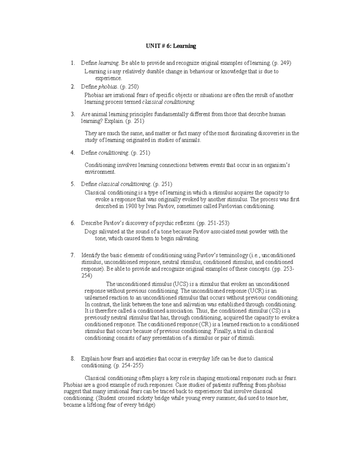 Unit 6 Study Note summary - UNIT # 6: Learning Define learning. Be able ...