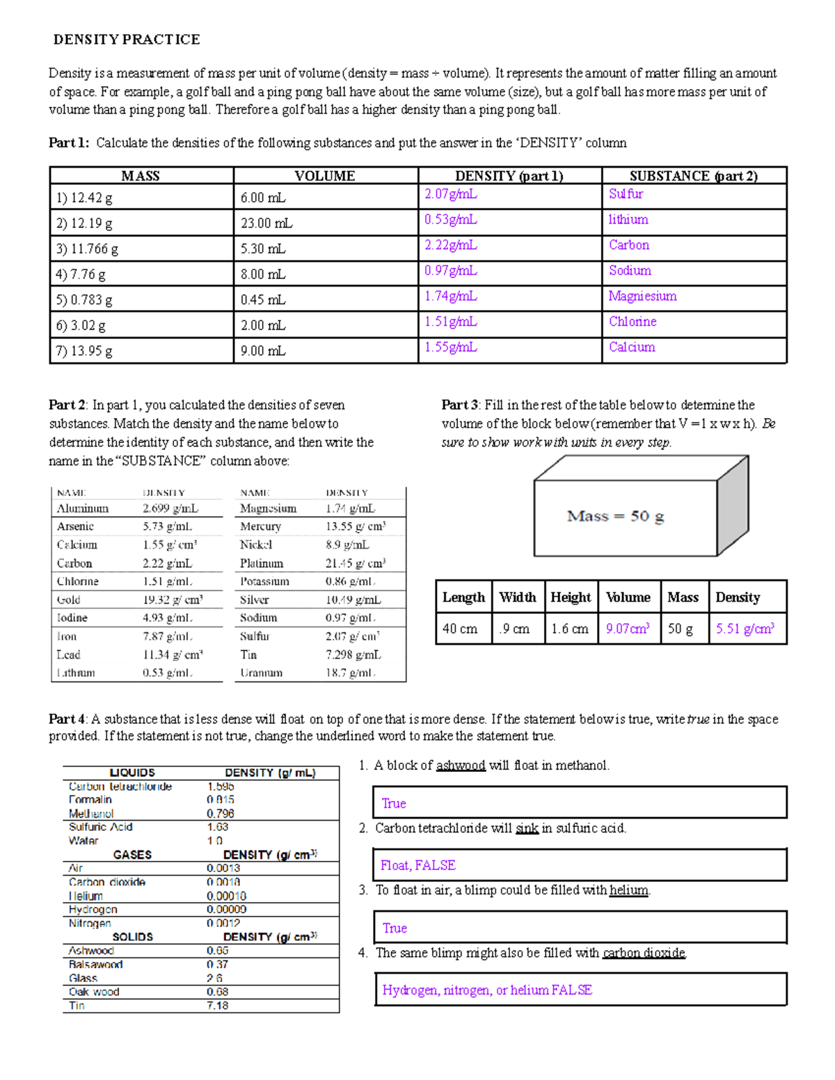 Ashley Fong Monzon - Density Practice - DENSITY PRACTICE Density is a ...