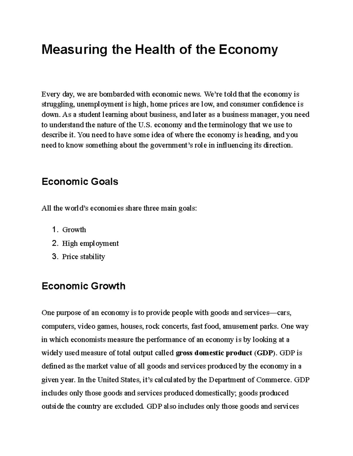 Measuring the Health of the Economy - We’re told that the economy is ...
