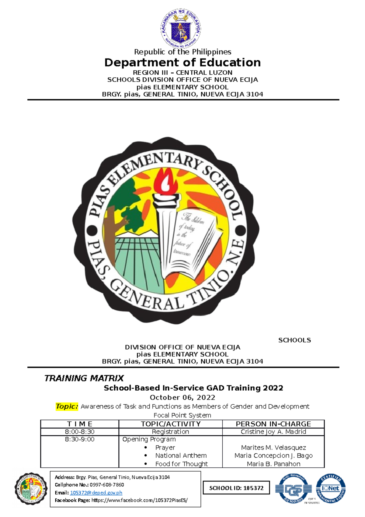 Inset Matrix 2022 GAD - Sample - Department of Education REGION III ...