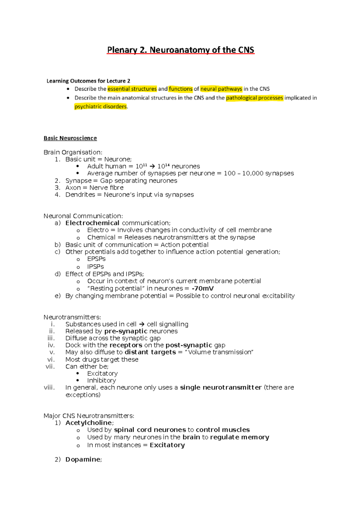 Neuroanatomy - Exercise - Plenary 2. Neuroanatomy of the CNS Basic ...